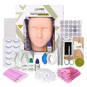 LASHVIEW Eyelash Extension Kit, with Mannequin Head Practice Exercise Set, Training Lash Extension Supplies for Beginners Include Individual Lashes Glue Tweezers and Training Lashes