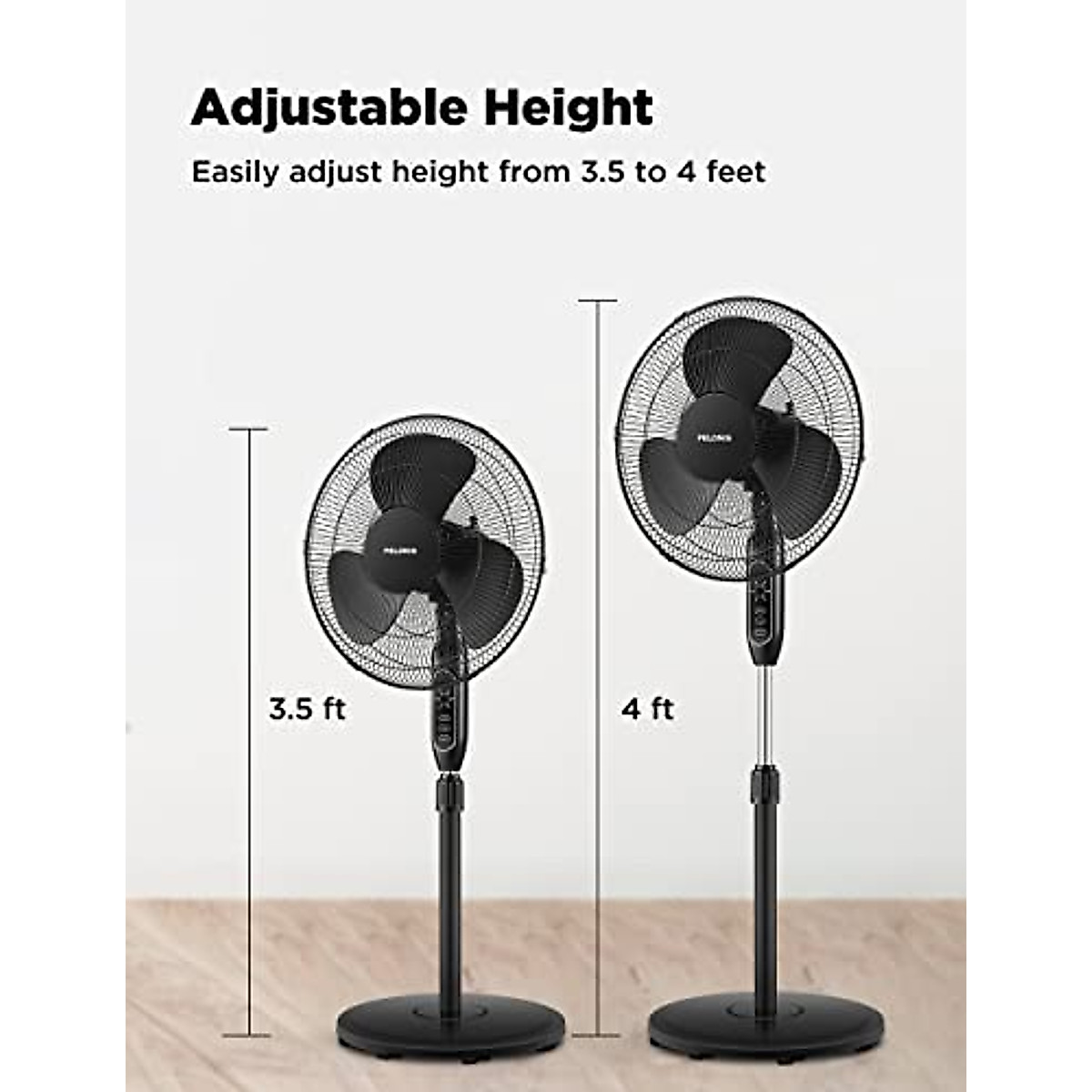 PELONIS 16'' Pedestal Remote Control, Oscillating Stand Up Fan 7-Hour Timer, 3-Speed and Adjustable Height, PFS40A4BBB, Supreme 16"-Black