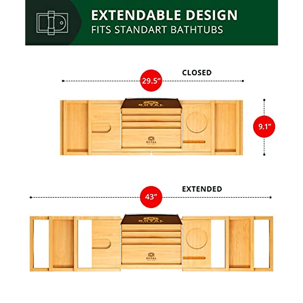 ROYAL CRAFT WOOD Luxury Bathtub Caddy Tray, One or Two Person Bath and Bed Tray, Bonus Free Soap Holder (Natural Bamboo Color) (Natural)