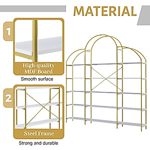 Merax Bookshelf 5 Tiers Bookcase, Gold Display Shelf Organizer with X Bar Frame, Crown-Shaped Design, White