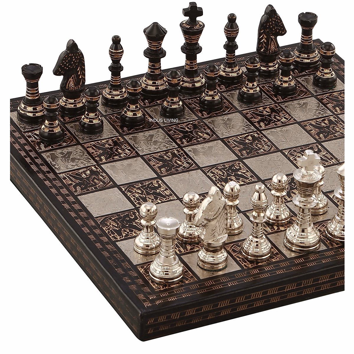 Luxury & Decorative Premium Chess Board Game Set | 10 x 10 Inches | Black & Silver | Collectible & Handmade Chess Set for Professionals & Adult for Tournament/for Gifting by INDUS LIVING