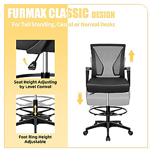 Furmax Drafting Chair Tall Office Chair with Ergonomic Back Drafting Table Chair Adjustable Standing Desk Chair with Footrest Ring and Arms