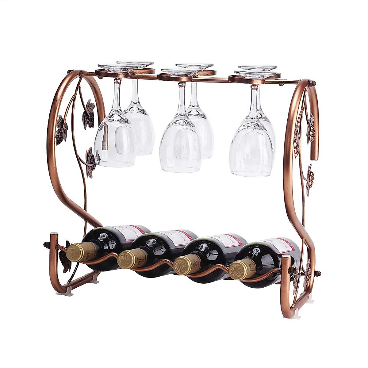 DreamiDeco Wine Rack with Glass Holderd,Freestanding Countertop Metal Wine Rack Wine Glass Holder Water Bottle Organizer Display Storage Home Kitchen Decor Holds 4 Wine Bottles and 6 Stemwares