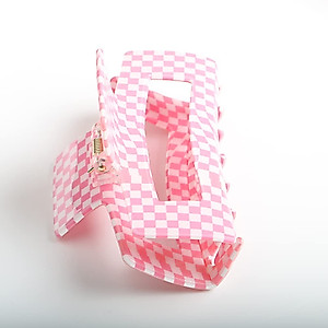 Checkered Hair Claw Clips,Pack of 1,Vintage Checkered Claw Clips Cellulose Acetate Banana Clips,Nonslip Banana Hair Clamp for Women Girls (Pink,L)