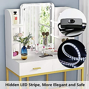 LITTLE TREE Vanity Set with LED Lighted Mirror and Cushioned Stool, Large Vanity Table Dressing Table Desk with Storage Shelves and 2 Drawers for Bedroom