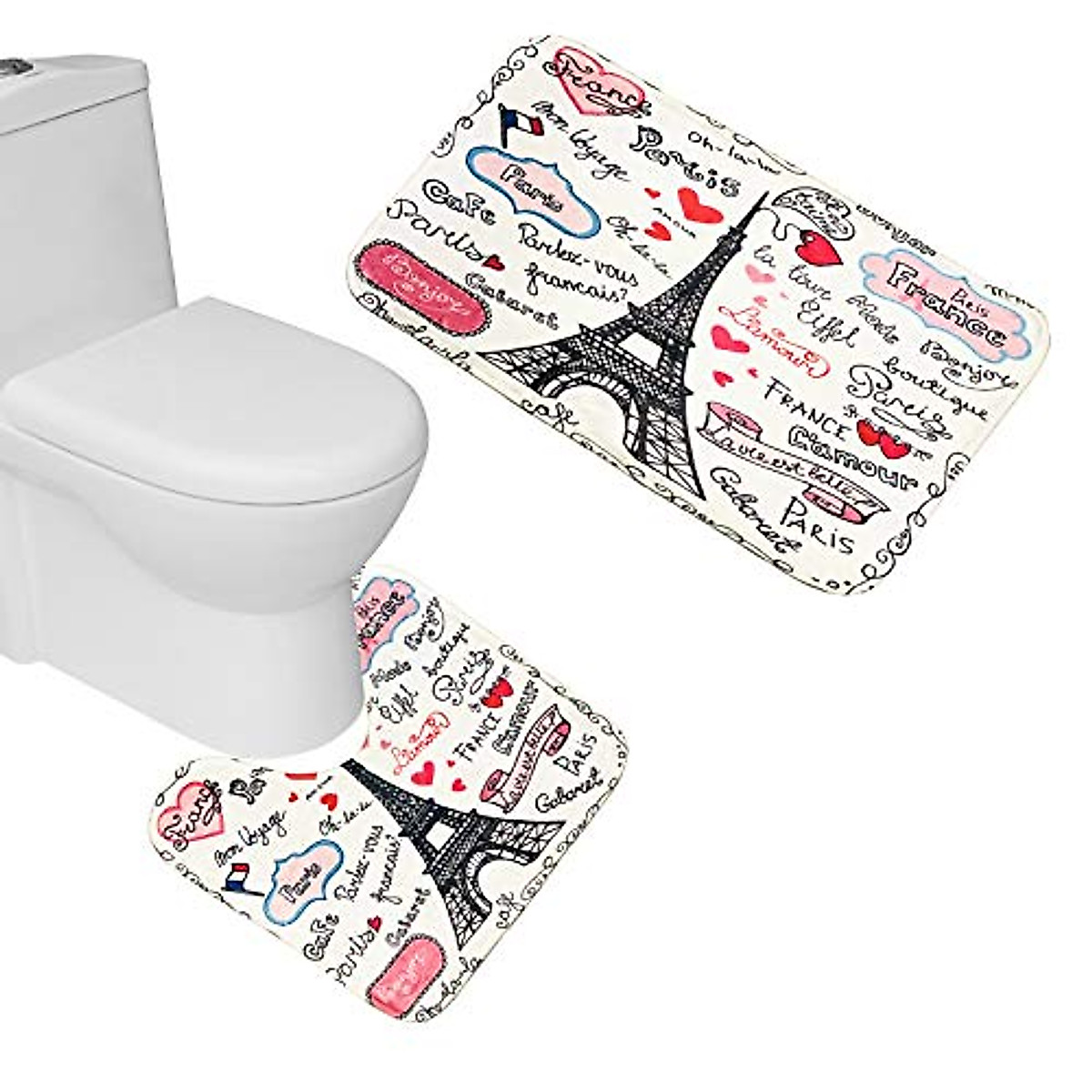 Amagical Paris Tower Decor Collection France Paris Oh La La Eiffel Tower Pattern 3 Piece Bathroom Mat Set Shower Curtain Set Bath Mat Contour Mat and Shower Curtain with 12 Hook