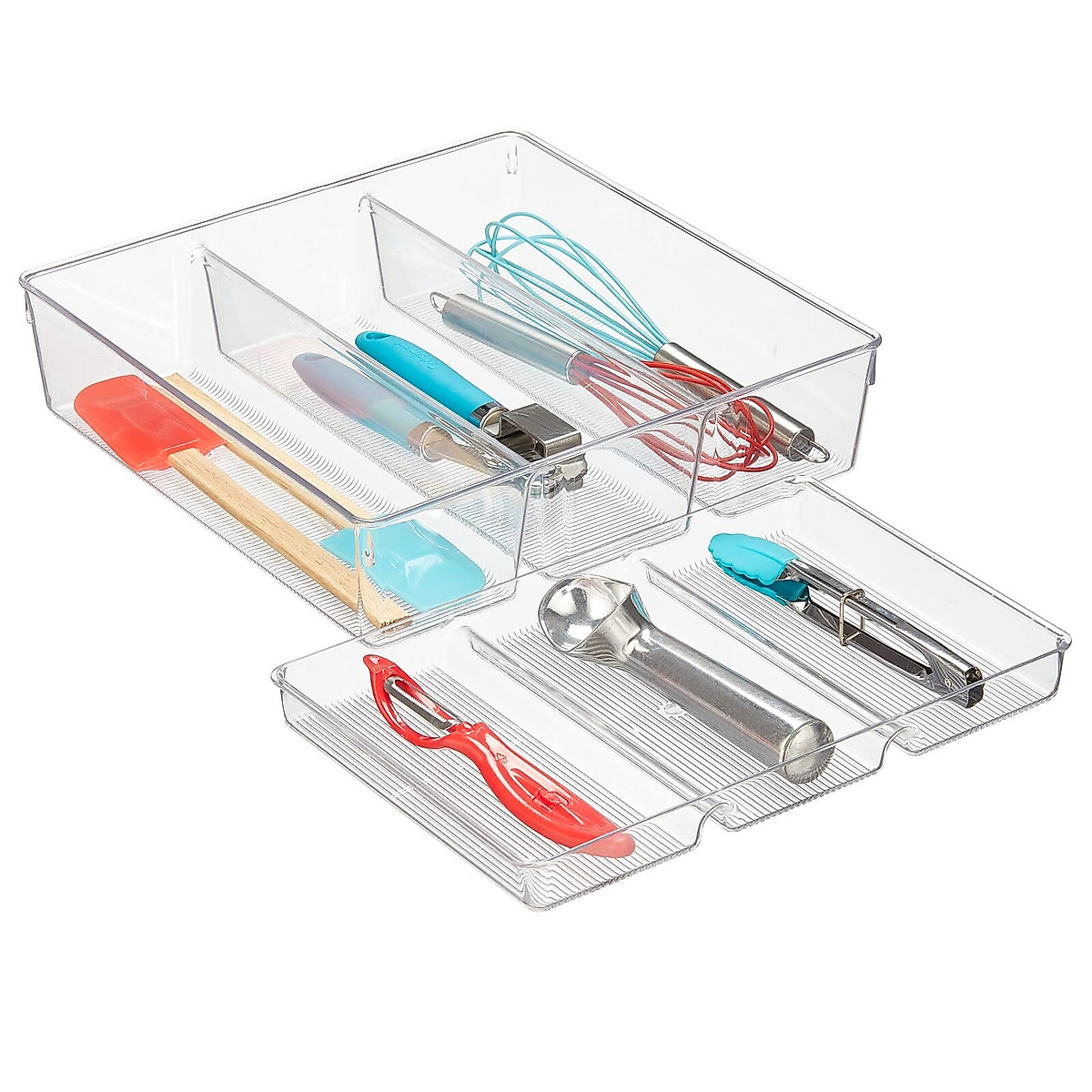 mDesign Plastic Kitchen Drawer Organizer Tray Set - Horizontal Storage Bin for Organizing Cutlery, Flatware, Silverware, Utensil, and Appliances - 12" Long - Ligne Collection - Clear