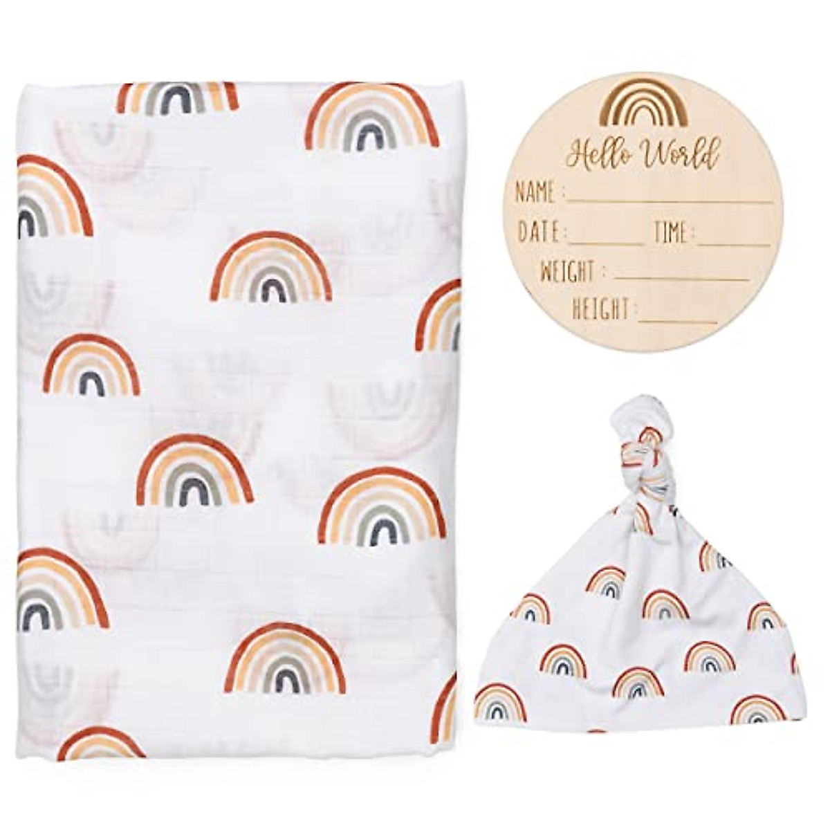 Organic Swaddle Blanket and Hat Set - Baby Receiving Blanket Neutral - Soft Organic Cotton and Bamboo Muslin Swaddle Blanket, Boho Rainbow, Birth Announcement Card, 47" x 47"