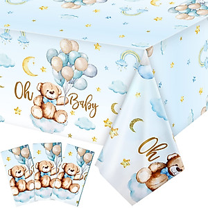 3 Pack Teddy Bear Baby Shower Tablecloth Plastic Table Cover Balloon Bear Rectangle Tablecloth for Boy Girl Gender Reveal Birthday Baby Shower Bear Theme Party Decor, 54 x 108 Inch (Blue)