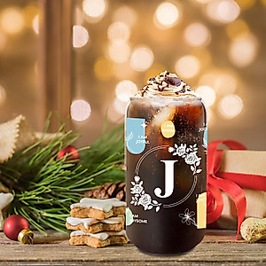 Initial Glass Cups with Lids and Straws, Personalized Gifts for Women 18 oz Iced Coffee Cup Glass Tumbler, Cute Glass Cups Inspirational Birthday Christmas Gifts for Women Girls (J)