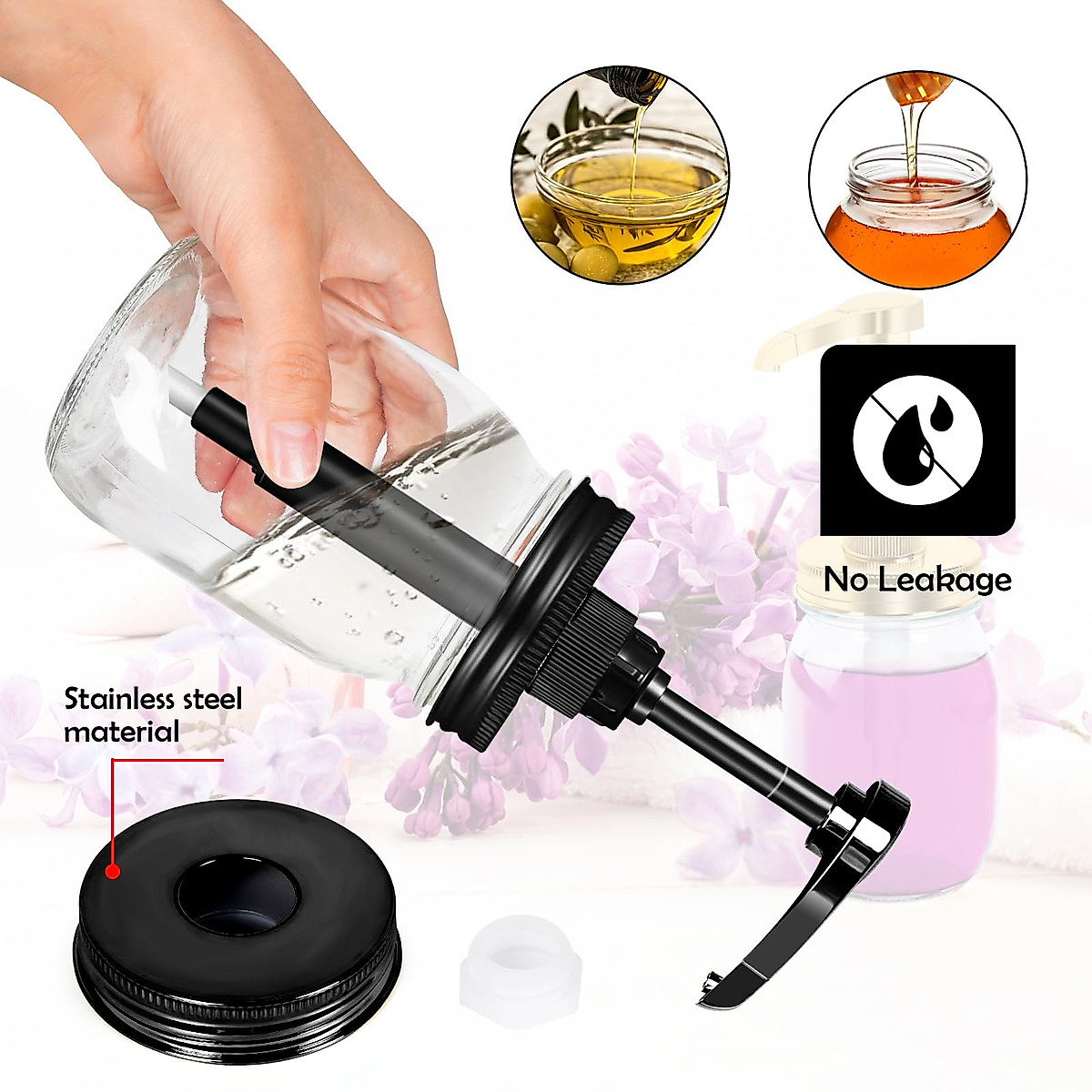 Mason Jar Honey Pump Dispenser & Honey Dipper,Stainless steel Lids and Food Grade Pumps for 2.75 Inch Regular Mouth,Home Use Jam,Ketchup,Honey,Syrups,Condiments,NO Rust, NO JAR QurHapzy