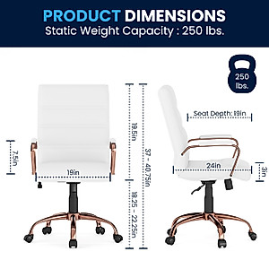 EMMA + OLIVER Mid-Back White LeatherSoft Executive Swivel Office Chair - Rose Gold Frame/Arms