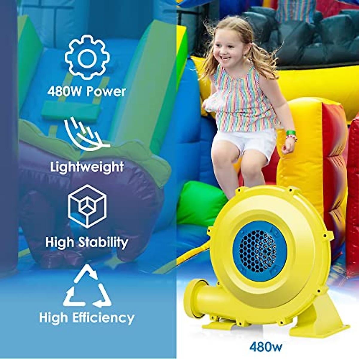 OLAKIDS Inflatable Bounce House Blower, 480W Lightweight Pump Fan, Electric Portable and Powerful Air Blower for Jumping Castle, Water Slide and Other Suitable Indoor Outdoor inflatables