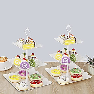 2 Set of 3-Tier Plastic Cupcake Stand Dessert Plates Mini Cakes Fruit Candy Display Tower White for Kids Birthday Tea Party Baby Shower Serving Tray, Square