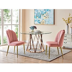 Iconic Home Chelsea Dining Side Chair Vertical Channel Quilted Velvet Upholstered Crown Top Back and Seat Solid Gold Tone Metal Legs (Set of 2) Modern Contemporary, Blush
