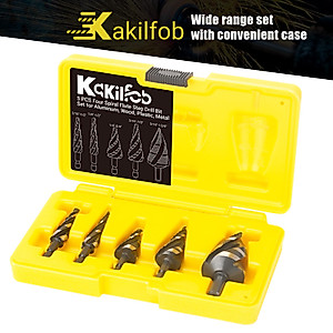 KAKILFOB Four Spiral Flute Step Drill Bit Set, 5 Pieces 1/8"-1-3/8" HSS Unibit Step Drill Bit, 1/4" and 3/8" Shank Step Bits for Metal, Aluminum, Wood, Plastic