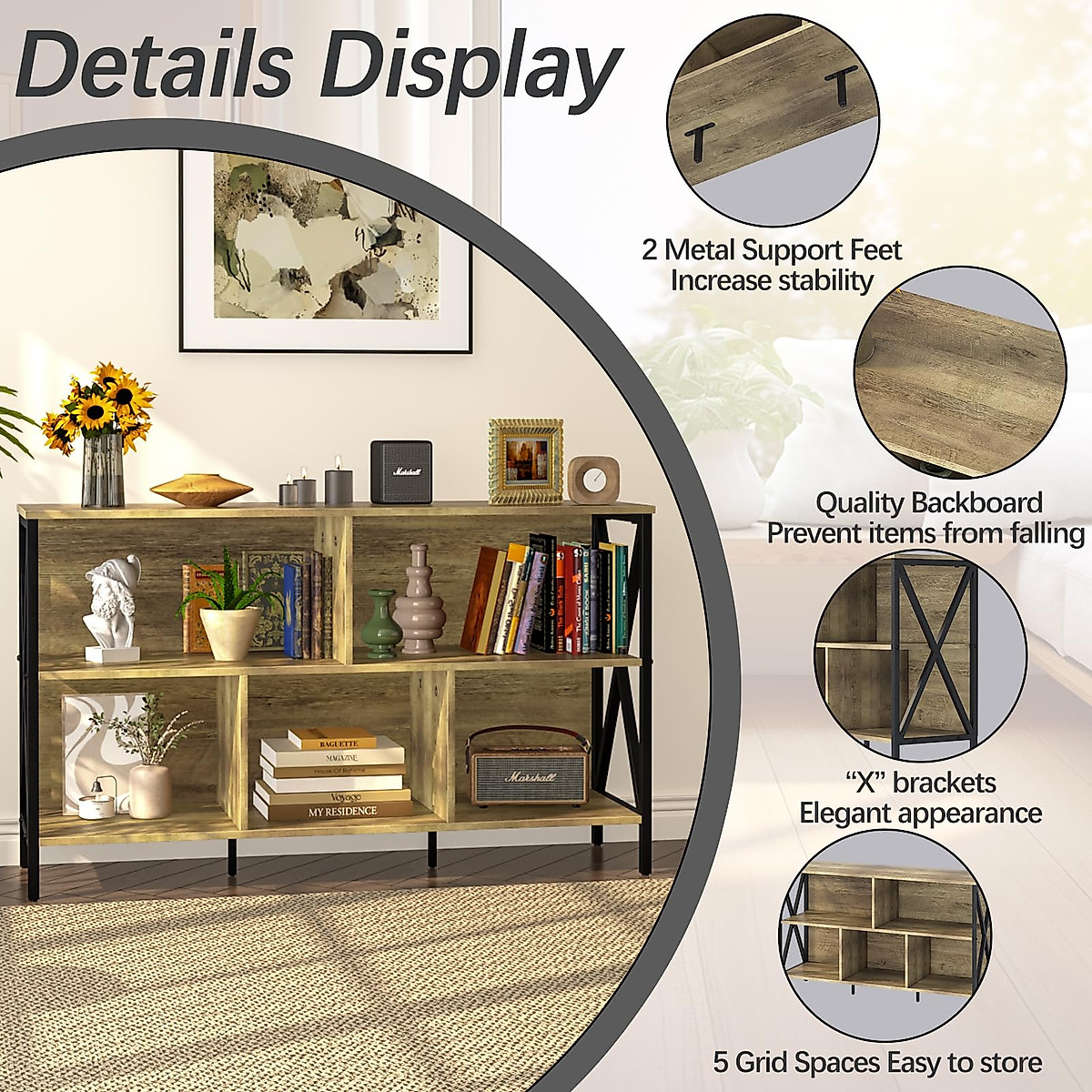 Horizontal Bookshelf,Industrial Modern 5 Cube Low Wide Cubby Bookcase,Long Wood and Metal Storage Organizer Open Shelf, Short Book Shelf Bedroom Storage for Home Office Living Room(Rustic Oak,5 Cube)