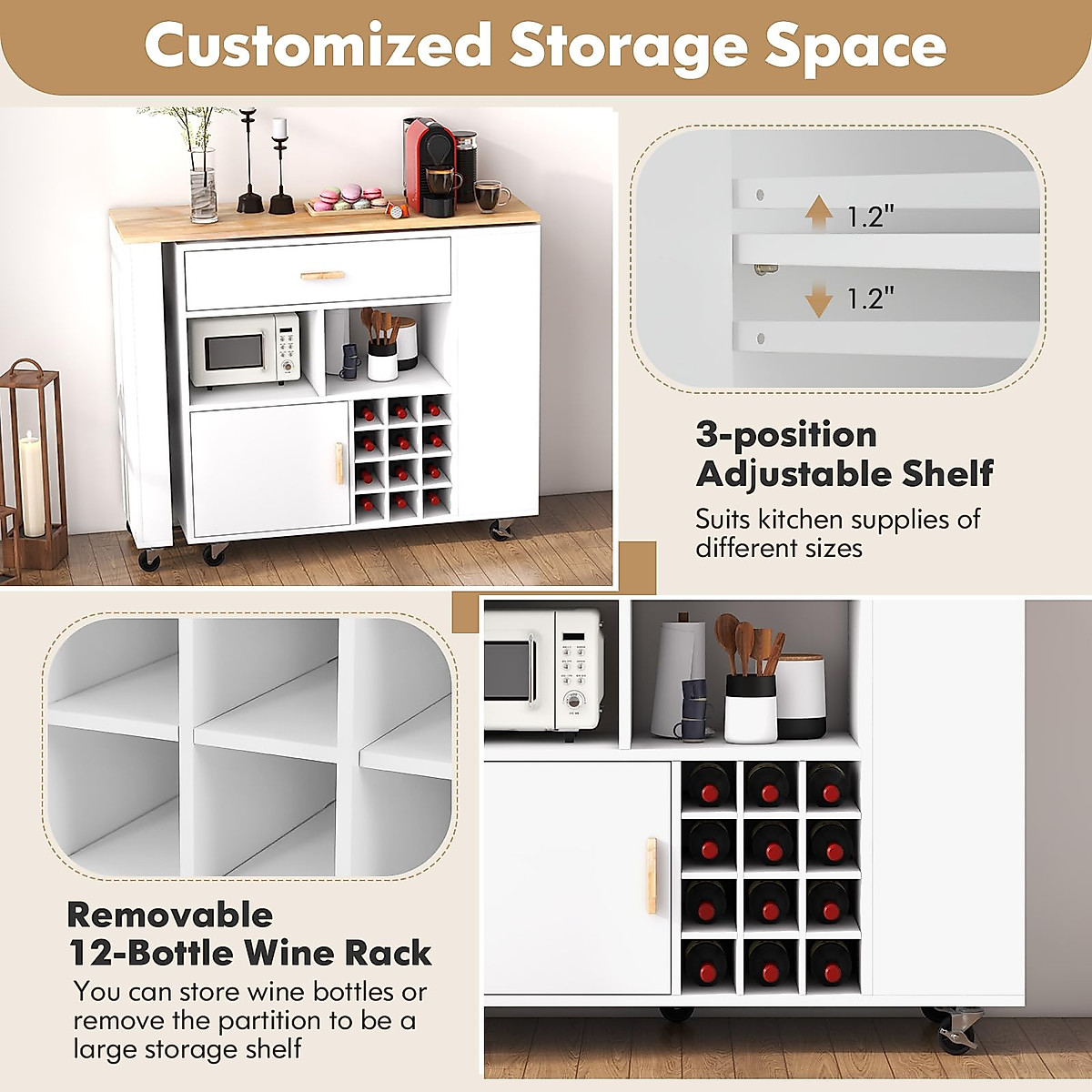 Giantex Mobile Kitchen Island Cart, 4-in-1 Reversible Serving Cart Bar Table Combo, Storage Cart on Wheels w/Rubber Wood Top, Adjustable Shelf, 12-Bottle Wine Rack, Spice Rack for Dining Room, White