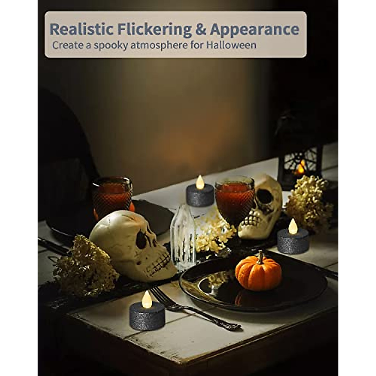 LOGUIDE Black Candles,Battery Operated LED Tea Lights for Black Party Decorations,Birthday,Wedding Centerpiece, Christmas Decorations Ornaments Pack of 24