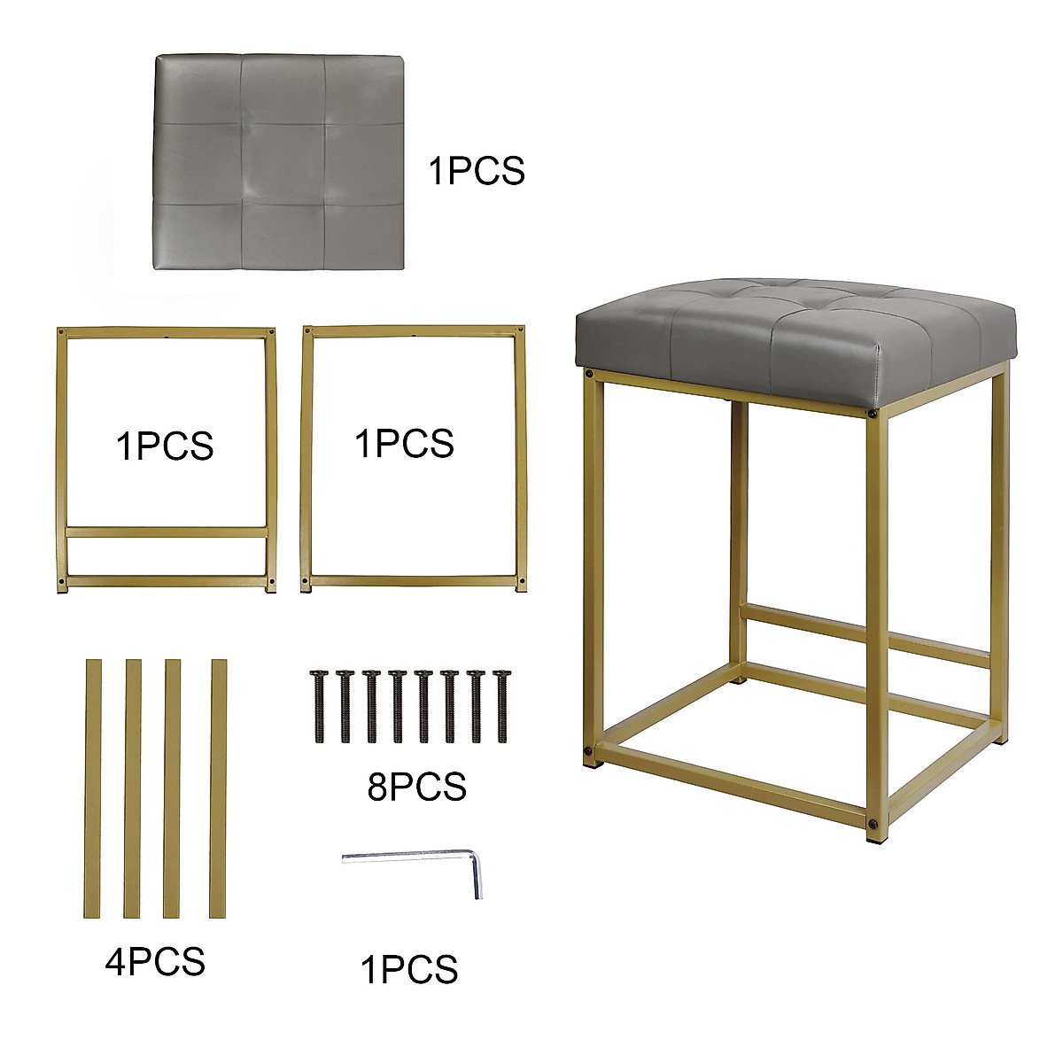 GIA 24-Inch Counter Height Square Metal Stool with Footrest and Tufted Gray Vegan Leather Upholstery, Gold Frame, Qty of 1