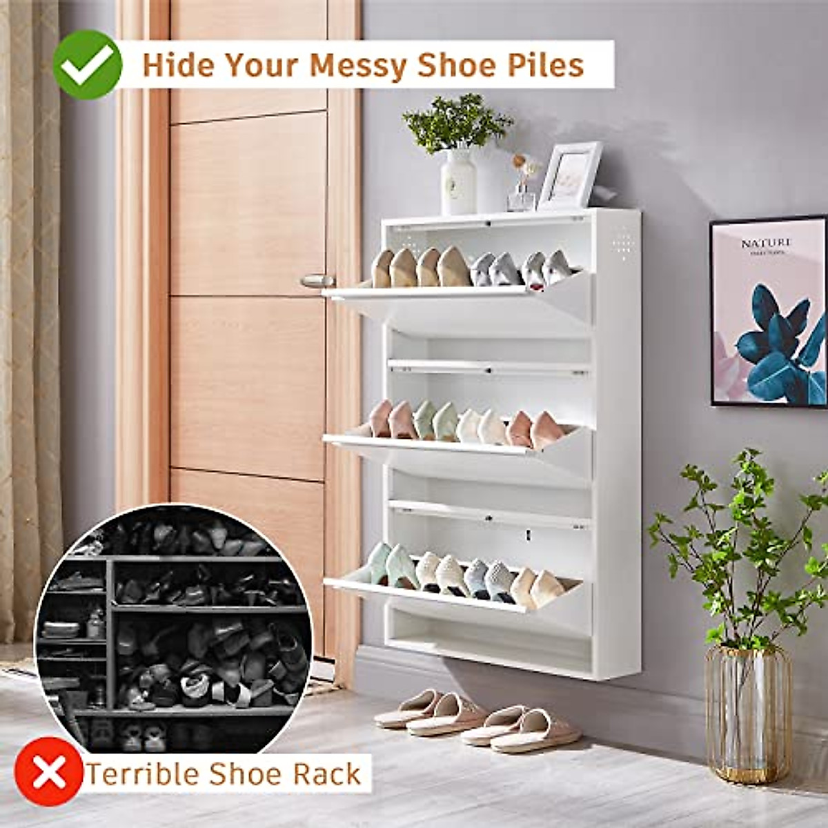 SPACEROCK 3 Drawers Shoe Storage Cabinet Wall Mounted & No-Assembly 25“ Metal Shoe Cabinet for Entryway, Hallway, and Corridor, Holds 12 Pair Shoes, White