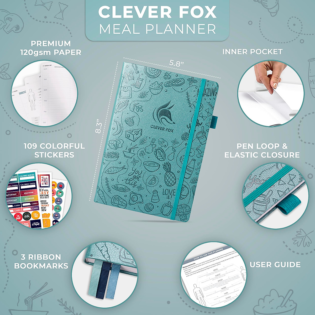 Clever Fox Weekly Meal Planner - Weekly & Daily Meal Prep Journal with Shopping and Grocery Lists for Menu Planning, Healthy Diet & Weight Loss Tracking, Lasts 1 Year, Undated, A5 - Aquamarine