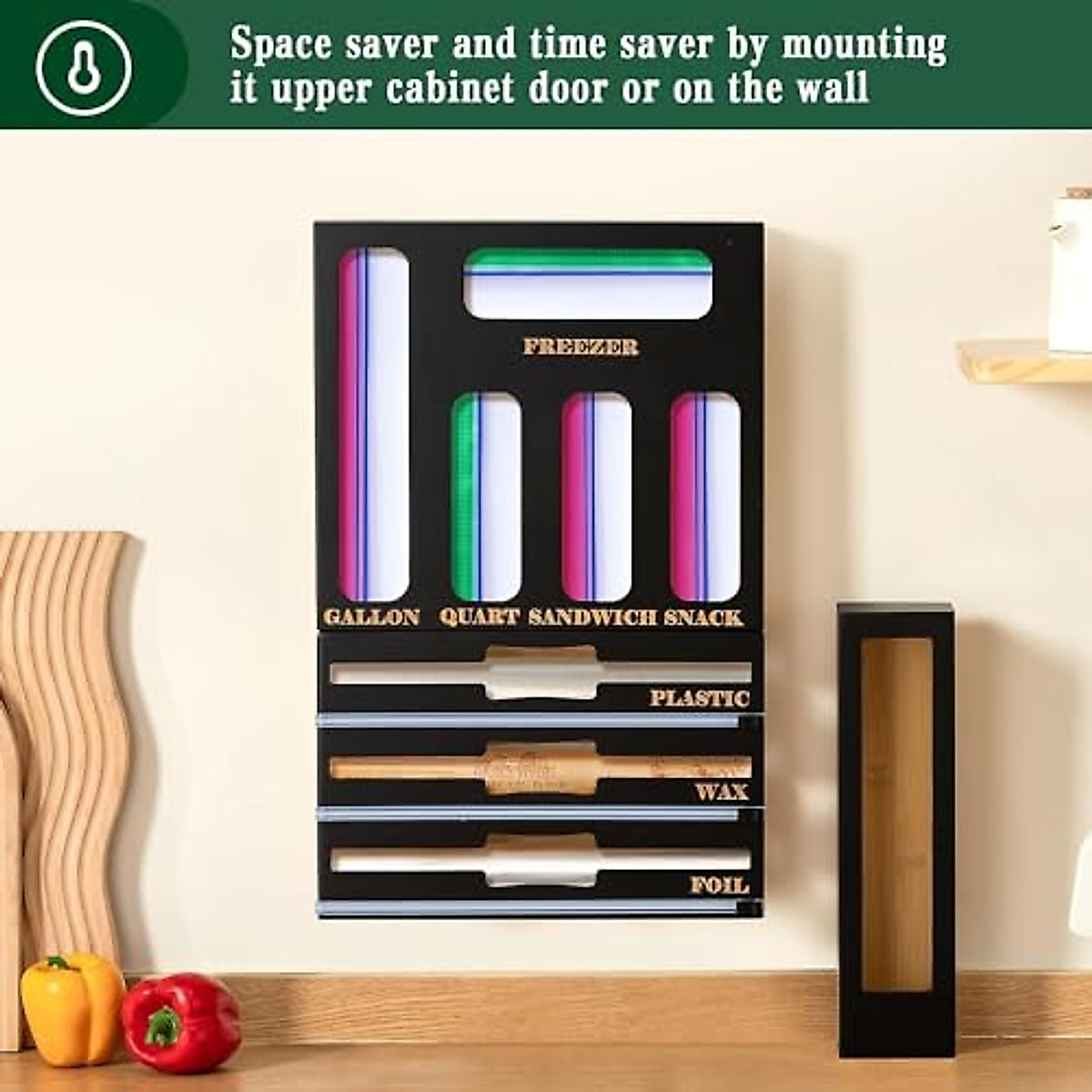 Hoshier 9 in 1 Bundle Wooden Ziplock Bag Organizer with Wrap Organizer For Kitchen Drawer