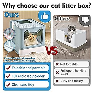 Homagico Foldable Cat Litter Box, Extra Large Front Entry Top Exit Litter Box with Lid, Drawer Type Enclosed Kitty Litter Box with Litter Scoop, Anti-Splashing Cat Toilet Easy Cleaning （Blue）