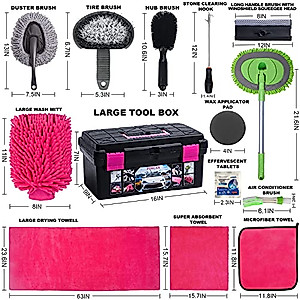 FORCAR 29Pcs Car Wash Cleaning Kit with Extendable Long Handle Brush Mop & Long Pole Window Water Scraper, 63" Large Towels, 16" Large Storage Box, Wash Mitt for Interior and Exterior Detailing, Pink