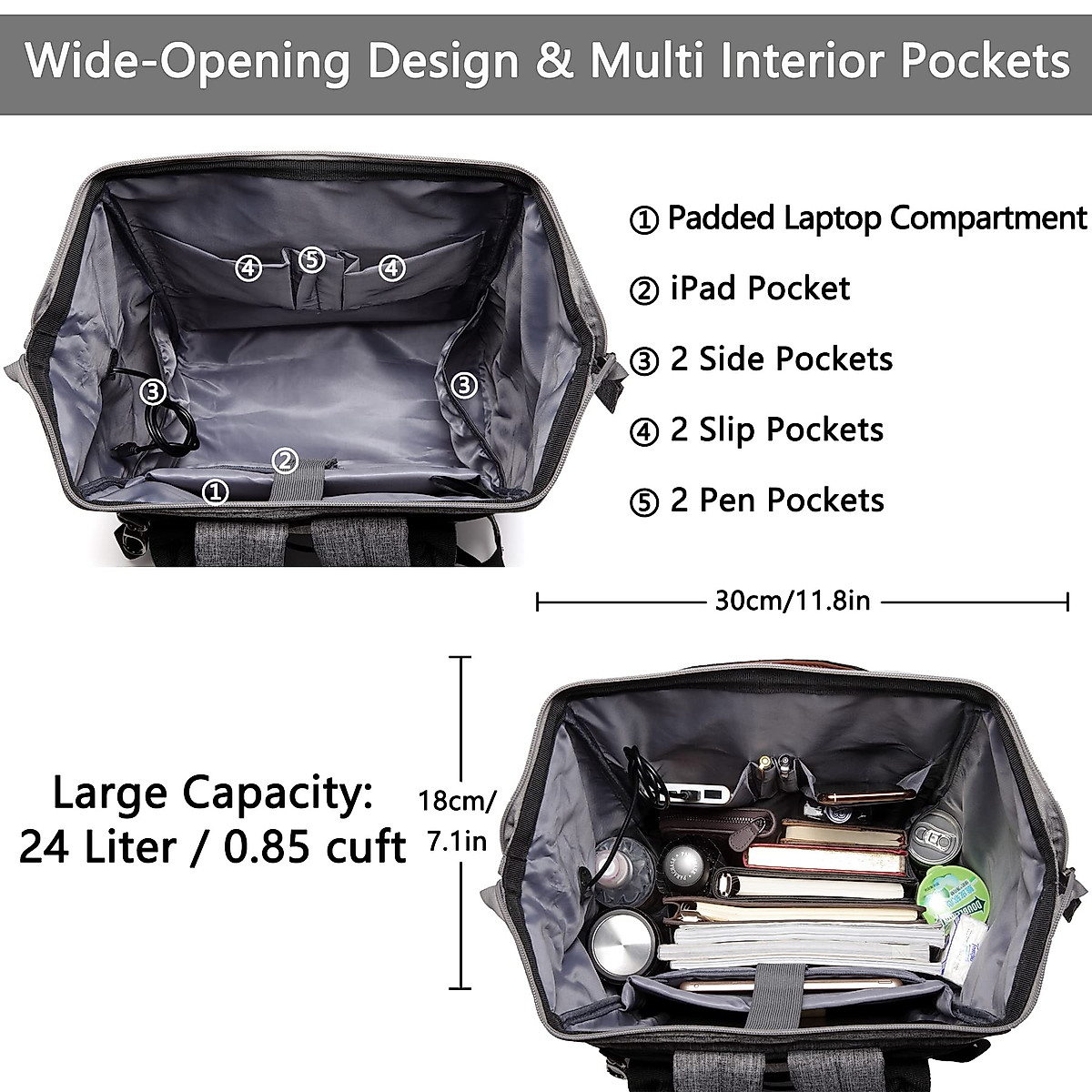 Laptop Backpack for Women, Kasqo 15.6 Inch Teacher Backpack Nurse Bags Work Backpack Purse Waterproof Anti-Theft Travel Backpack with USB Charging Port, Grey