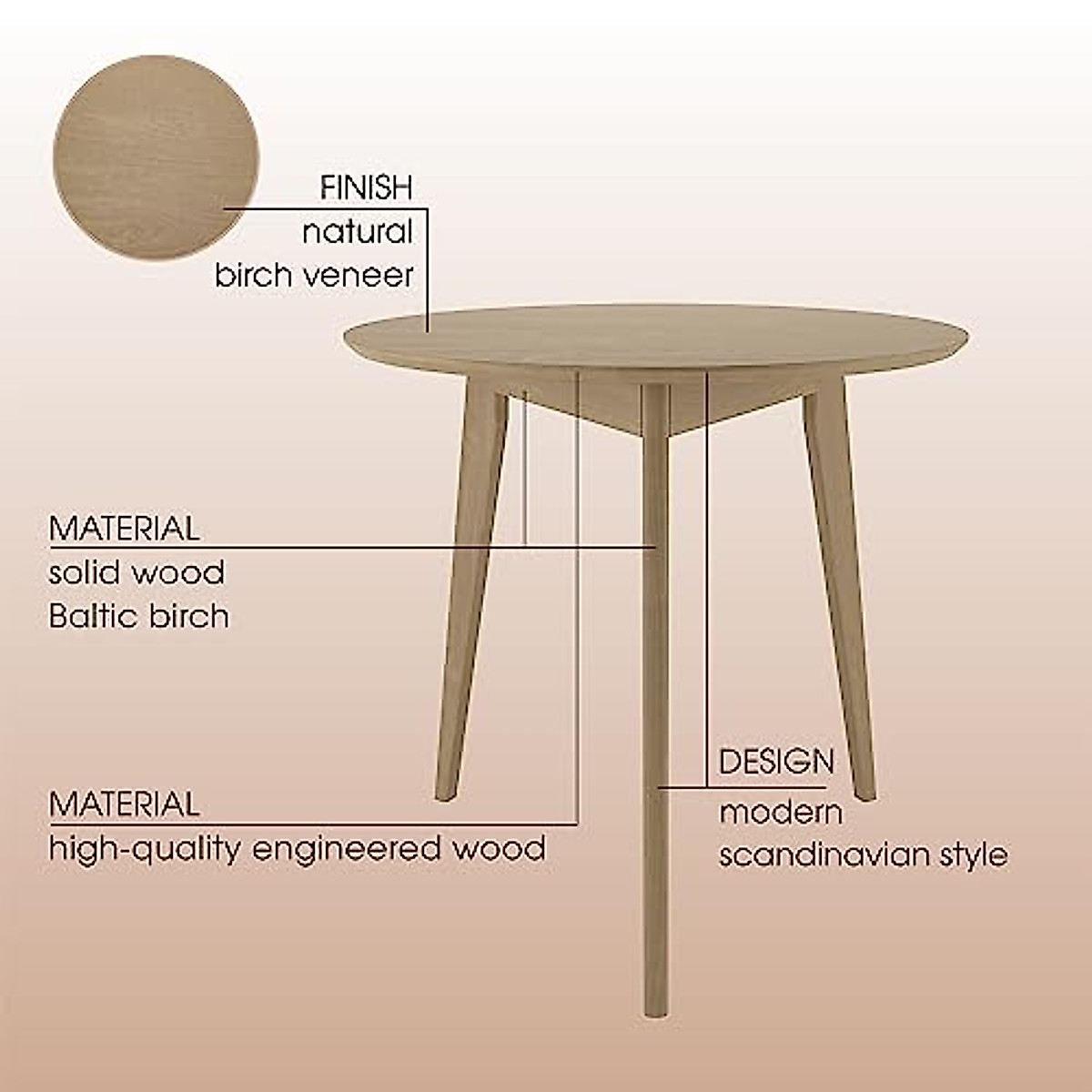 DAIVA CASA Orion Light 31 inch 3 Legs Round Table for 3 Person - Birch Solid Wood Kitchen & Dining Room Furniture - Mid Century Modern Scandinavian Style – Brown Table for Small Space