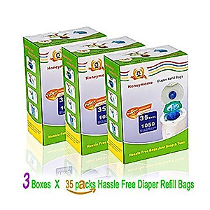 Honeymomo Baby Bathing Diaper refill bags 35 Bags 1050 Counts Fully Compatible with Arm&Hammer Disposal System Diaper Pail Snap, Seal and Toss Refill Bags