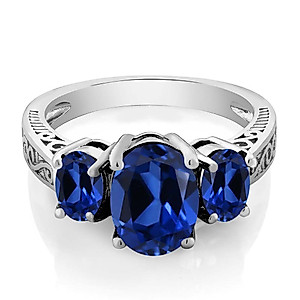 Gem Stone King 925 Sterling Silver Gemstone Birthstone 3-Stone Ring | Oval 9X7MM and 6X4MM | Three Stone Wedding Engagement Anniversary Promise Ring For Women