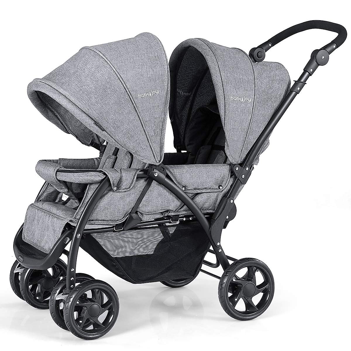 BABY JOY Double Stroller, Foldable Lightweight Twin Stroller with Tandem Seating, Adjustable Backrest/Canopy/Footrest, 5-Point Harness, Storage Basket, Double Stroller Newborn and Toddler (Gray)
