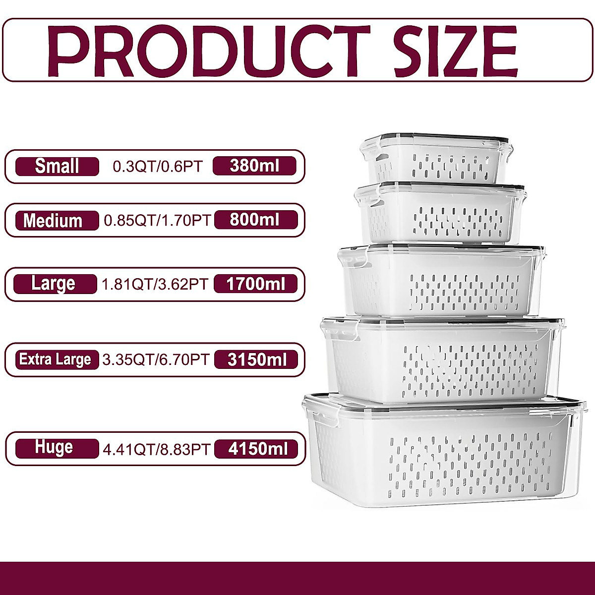 5 PCs Fruit Storage Containers for Fridge, Leakage Proof Fruit Storage Containers with Removable Colanders, Fruit Containers for Fridge with Lid, BPA-Free Produce Containers for Fridge