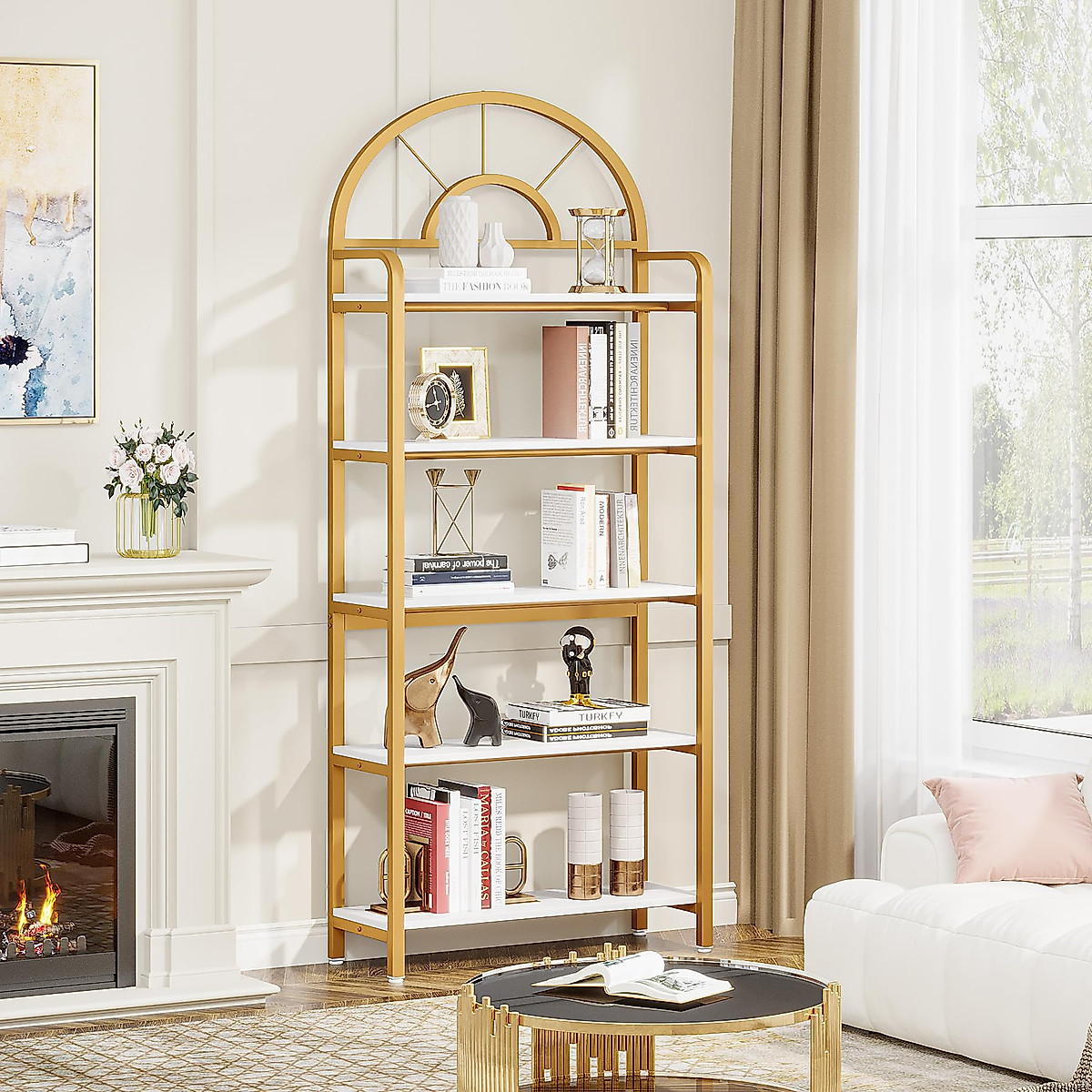 Tribesigns White and Gold Arched Bookshelf 5 Tier Bookcase, Gold Shelves for Living Room Freestanding Tall Display Shelf, Decorative Shelf for Bedroom