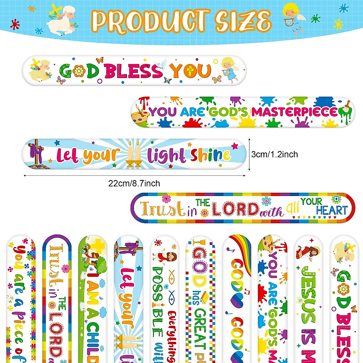 Frienda 60 Pieces Religious Slap Bracelets with Button Pins Jesus Love You Wristbands Jesus Snap Bracelets Christian Badges for Sunday School Supplies Kids Gifts Birthday Party Favors(Religious)