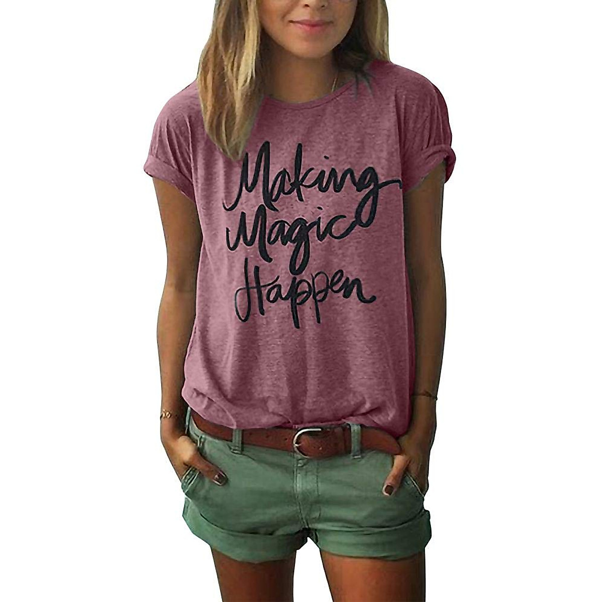 Making Magic Happen Shirt Women Short Sleeve Cute Funny Vacation Tee T-Shirt M Pink