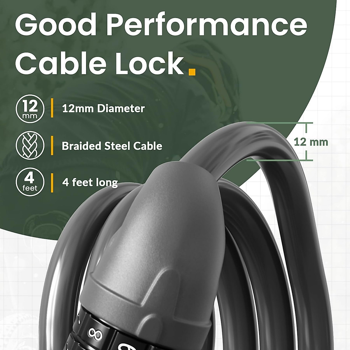 Titanker Bike Lock, Lock for Bike Locks with Combinations Resettable Bike Lock Cable 4 Feet with Mounting Bracket, 1/2 Inch Diameter Gray-1/2in