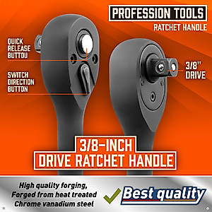 Amartisan 3/8" Drive Impact Socket Set, 6 Point, 50-Piece Standard Metric (8-22mm) and SAE (5/16-Inch to 3/4-Inch) Cr-V Steel Sockets with Adapters & Ratchet Handle