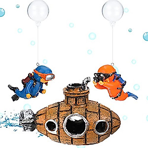 3 Pcs Floating Fish Tank Decorations Aquarium Air Pump Decorations Include Hanging Lovely Diver for Aquarium and Retro Old Submarine Wreck Ornament Artificial Resin Accessories for Fish Tanks Pool