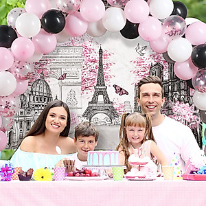76 Pcs Paris Party Supplies Set Pink Paris Theme Party Decoration Eiffel Tower Party Backdrop White Pink Black Balloon Arch Garland Kit for Kid Boy Girl Birthday Decoration