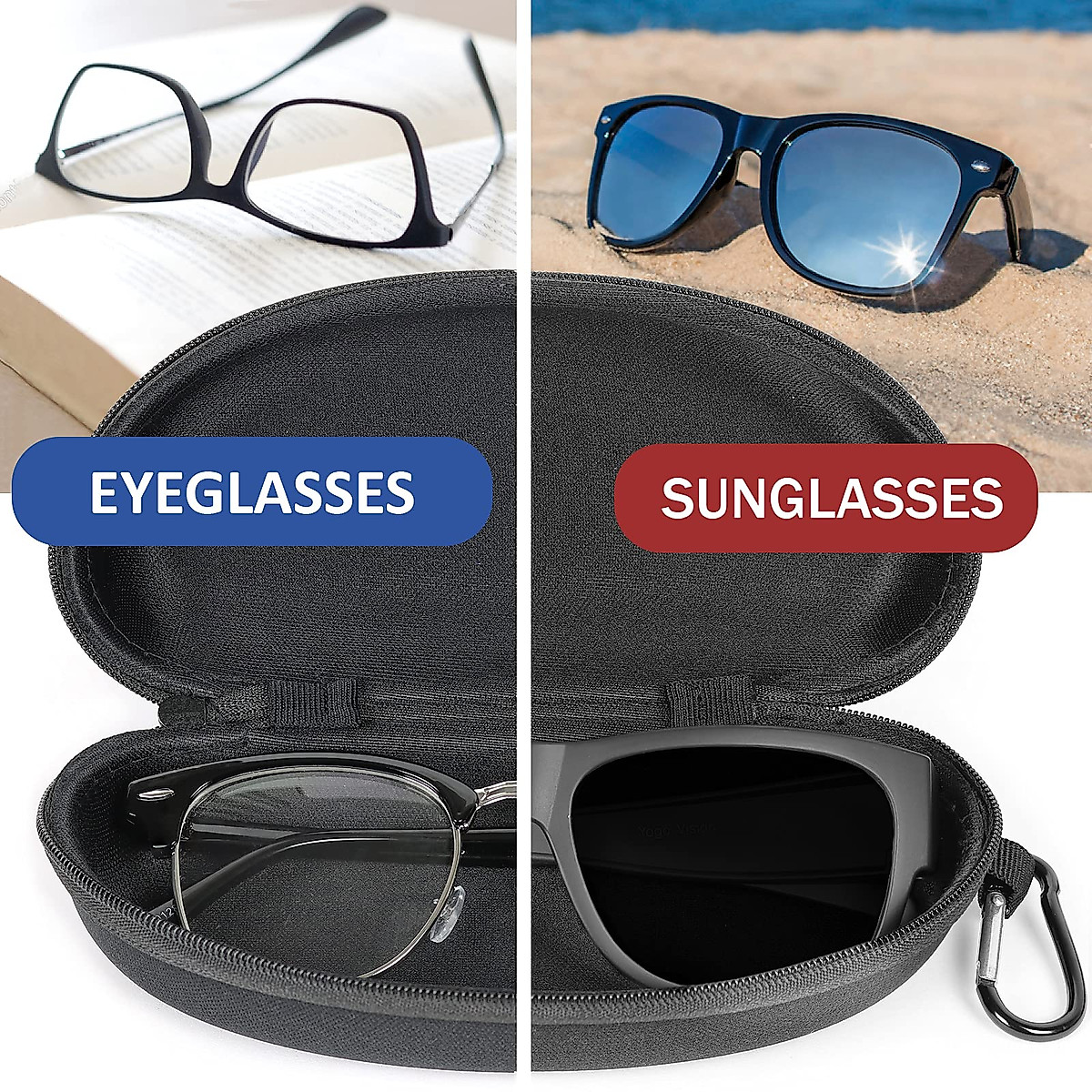 Yogo Vision Sunglasses Case 3 Pack Hard Shell with Clip Portable Travel Zipper Eyeglasses Frame Glasses Case for Men and Women