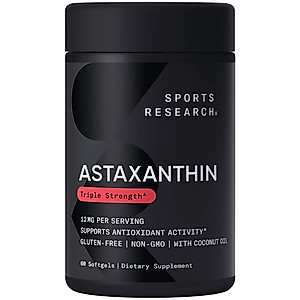 Sports Research Triple Strength Astaxanthin 12mg with Organic Coconut Oil - Antioxidant Supplement, Non-GMO Verified & Gluten Free - 60 Softgels