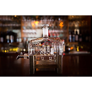 Bourbon Barrel Whiskey Decanter With Ship - 1000ml Liquor Dispenser - Sailing/Boating Gifts for Men and Women, Nautical Decor Retirement Gift (Tomoka Gold)