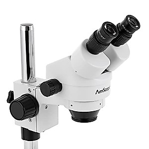 AmScope SM-1BSX-64S Professional Binocular Stereo Zoom Microscope, WH10x Eyepieces, 3.5X-45X Magnification, 0.7X-4.5X Zoom Objective, 64-Bulb LED Ring Light, Pillar Stand, Includes 0.5x Barlow Lens