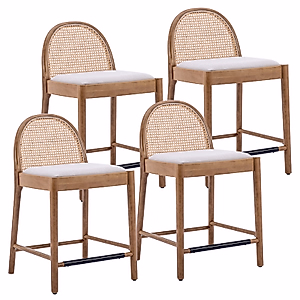 LukeAlon Modern Linen Counter Stools Set of 4, 26" Seat Height Low Bar Stools with Wooden Legs Natural Rattan Cane Back Counter Height Bar Chairs with Footrest for Home Pub Kitchen, Beige