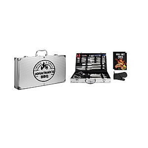 Personalized 34pc BBQ Grill Accessories Set with Thermometer - Father's Day Gift - Personalized Heavy Duty Stainless Steel Grill Set in Case - House Warming Gift