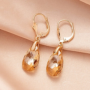 Austrian Crystal Teardrop Leverback Dangle Earrings for Women Fashion 14K Gold Plated Hypoallergenic Jewelry (Topaz)