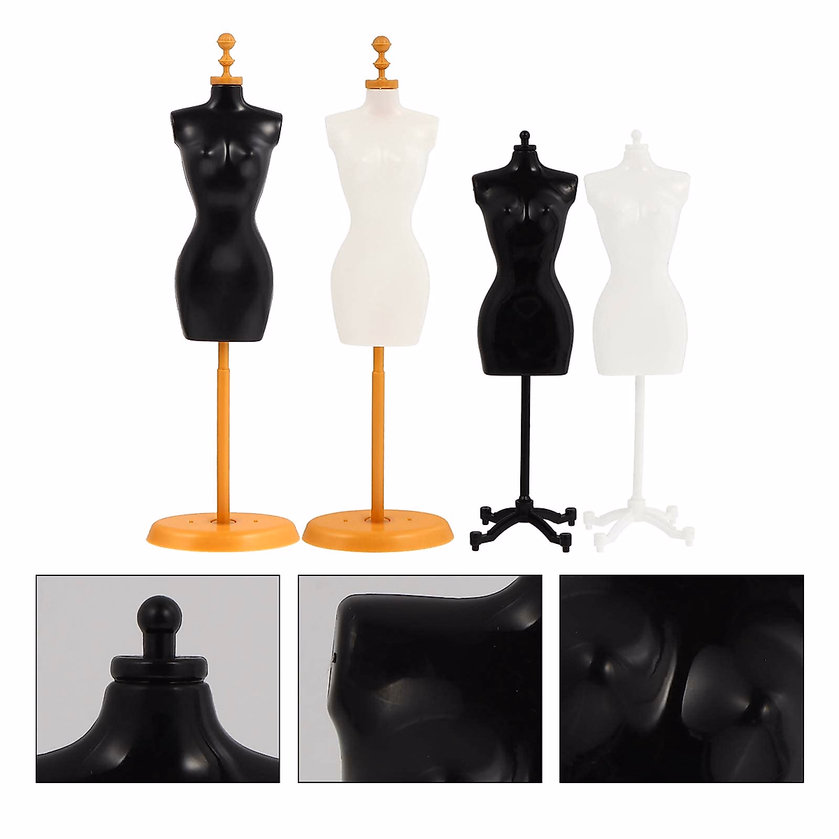 Mini Size Female Mannequin Torso, 4Pcs Mini Doll Dress Form Manikin Body with Base Stand for Sewing Dressmakers Dress Jewelry Display, Black&White, 25x7.5cm/9.82x2.95inch,(Mixed Style,Mini Size) MINI